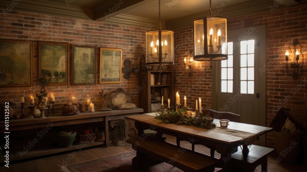 Interior design of Dining Room in Rustic style with Chandelier ...