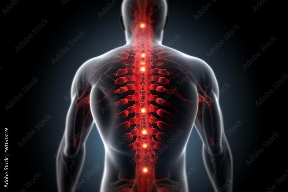 Red spot signifies pain in the spine, man with backache and lower back ...