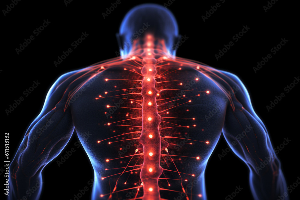 Red spot signifies pain in the spine, man with backache and lower back ...