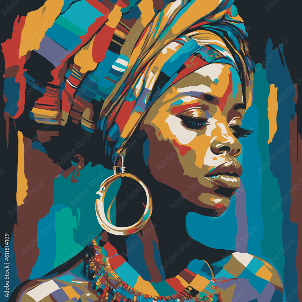 abstract african woman wearing turban with african pattern. black and ...