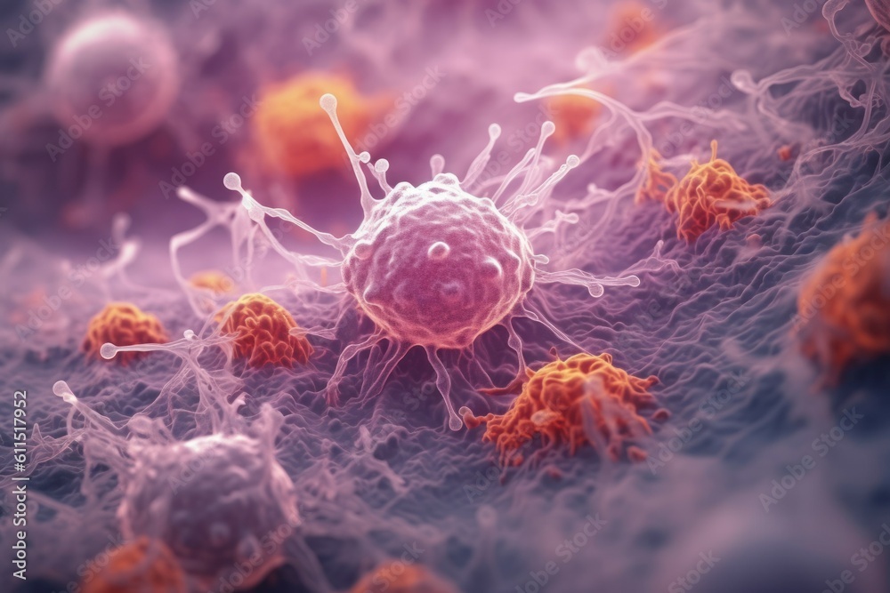 Malignant cancer cells under a microscope. AI generated, human enhanced ...