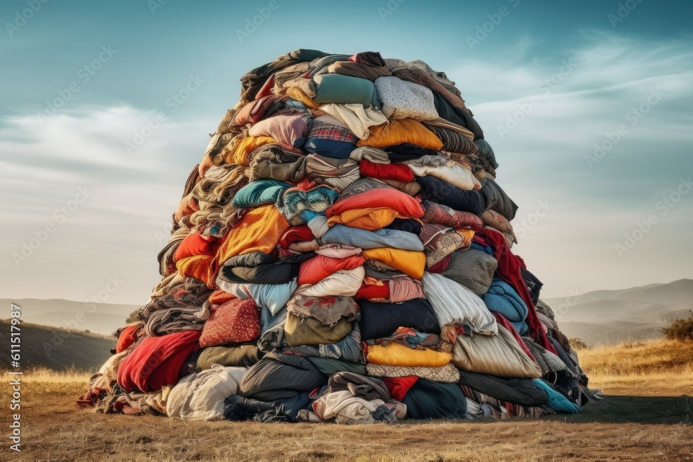 Pile of textile and clothing waste. The concept of climate change as ...