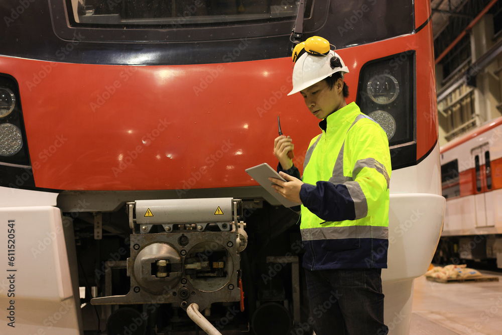 Railway engineer with green reflective safety jacket hold laptop ...