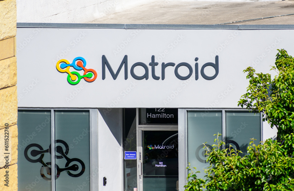Matroid sign, logo of a computer vision company on the exterior facade ...