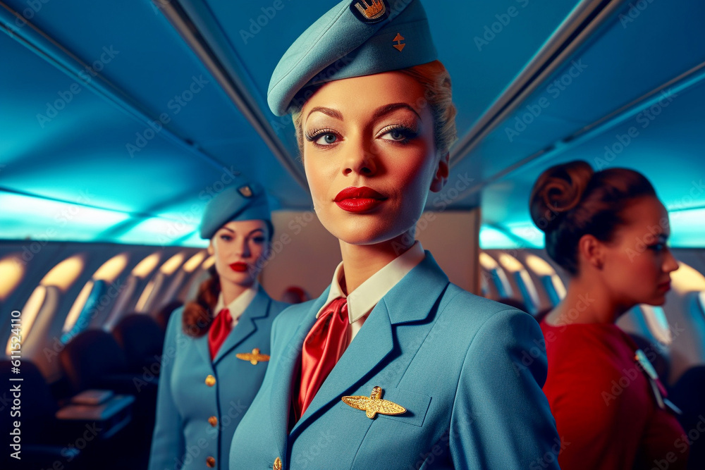 Crew of flight attendants in matching blue uniform with beret hat ...