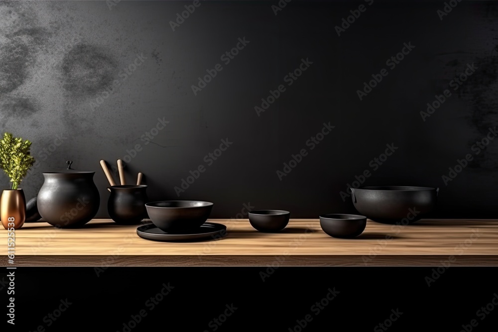 Black kitchen interior background with dark countertop, utensils ...