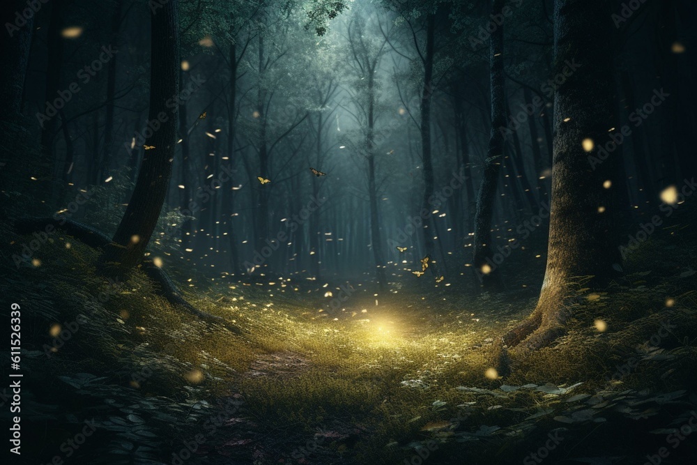 Realistic forest scene with fireflies and particles. Epic composition with ultra-wide angle and ...