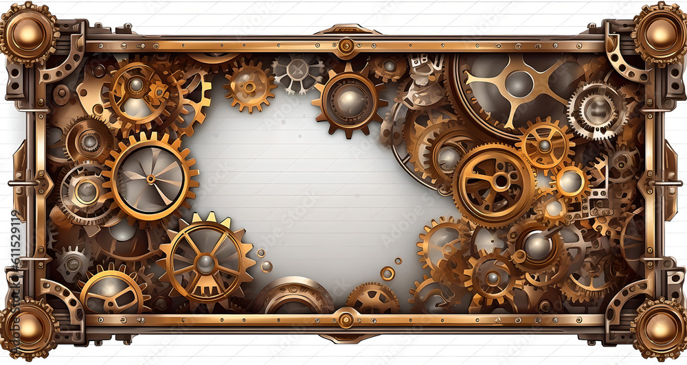 rectangular frame in steampunk style with a white background. Ornate ...
