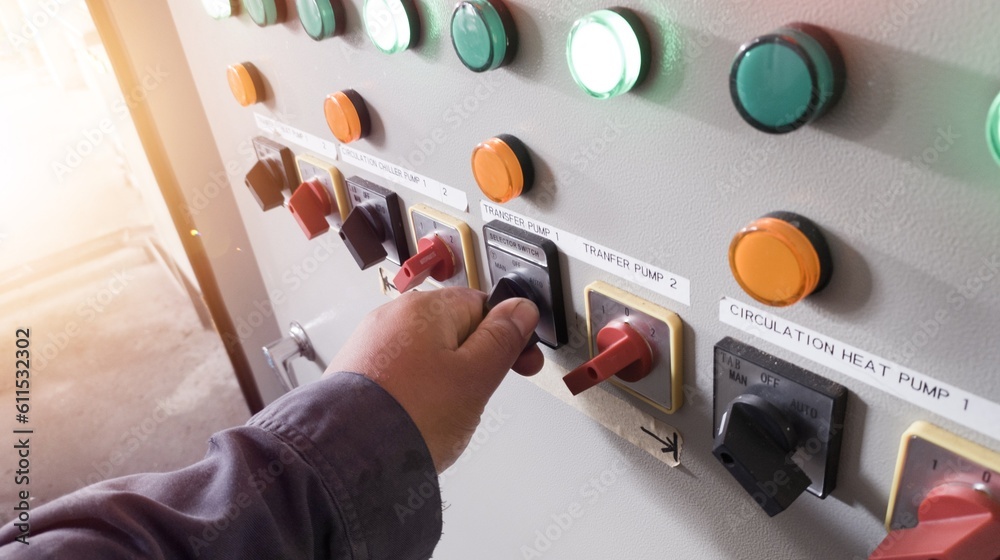 An electrician is turning a control panel switch for turn on the pump ...