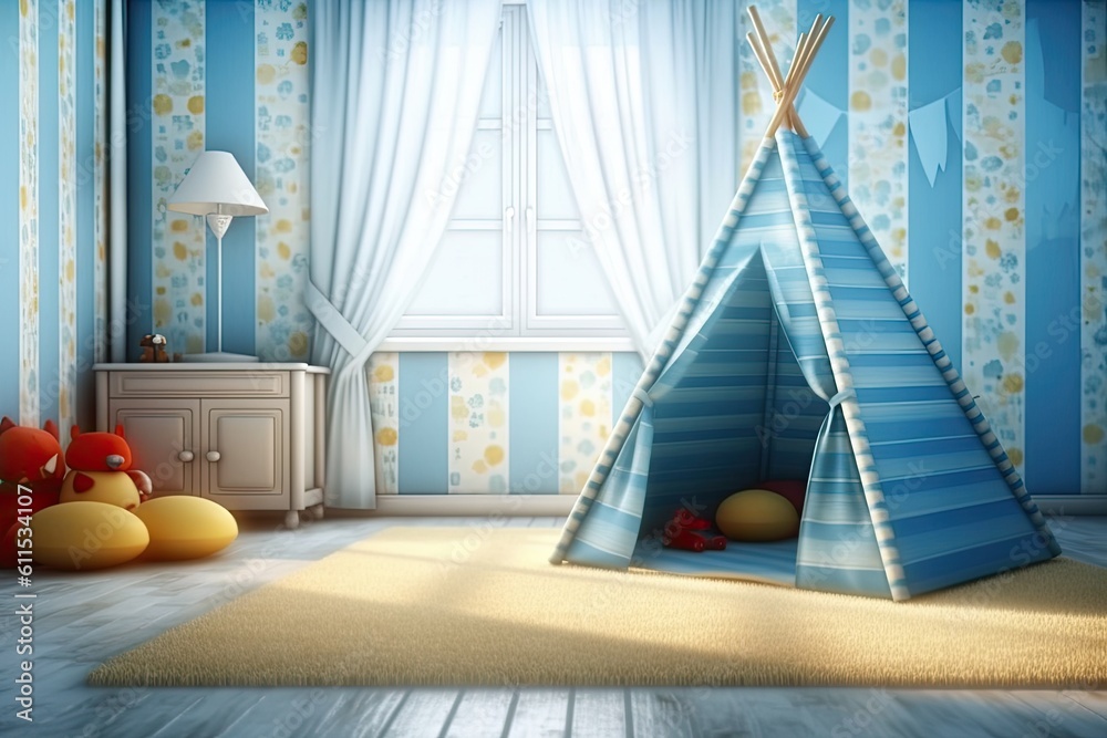 The bedroom has blue wallpaper and morning sunlight, as well as a ...