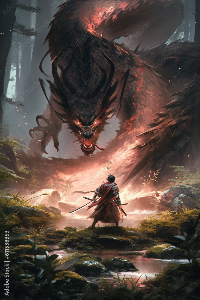 A samurai fighting with a dragon. The samurai, a master of the blade ...