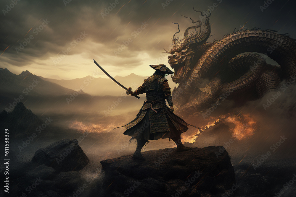 A samurai fighting with a dragon. The samurai, a master of the blade ...