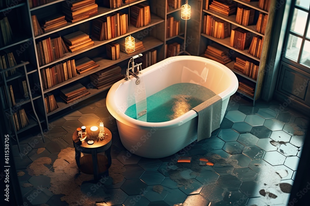 A luxurious bathroom's interior features a floor made of hexagonal tiles and an elegant white ...