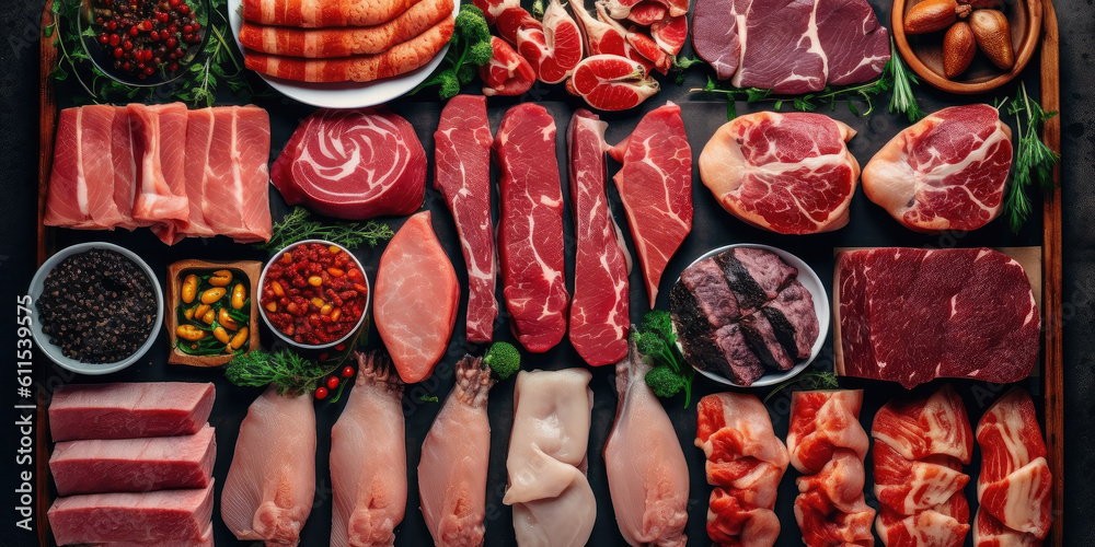 different type of meats laying in supermarket , look from above ...