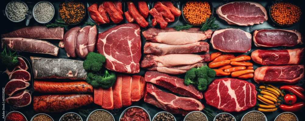 different type of meats laying in supermarket , look from above ...