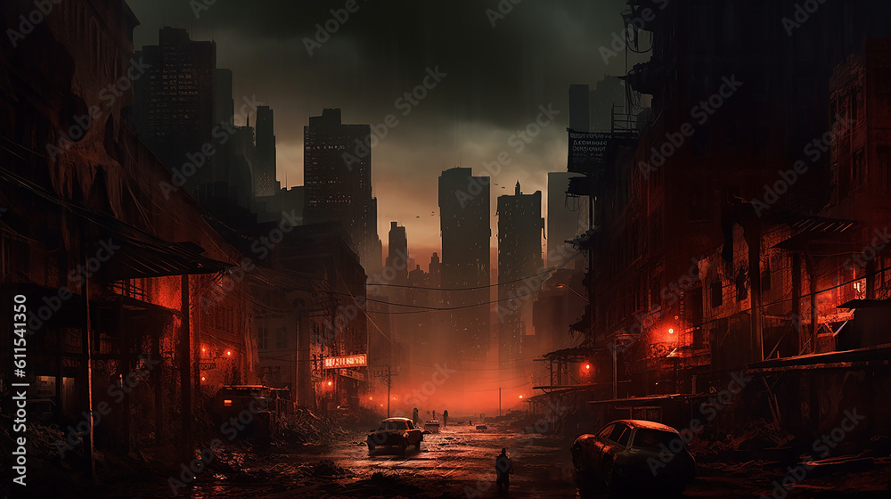 An illustration of a dystopian cityscape, with dark skies and ...