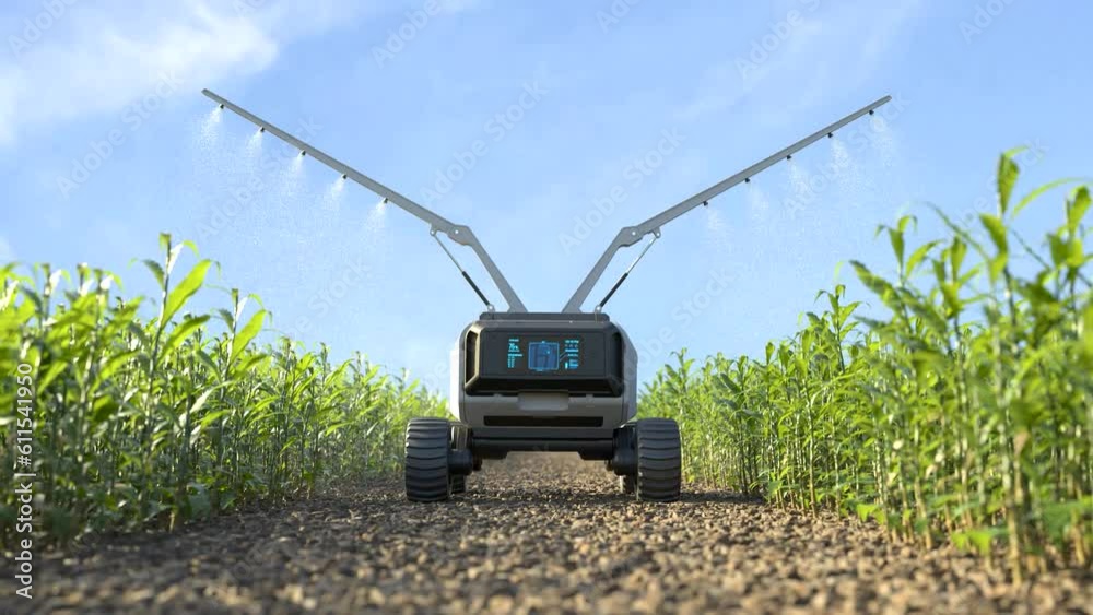 Agricultural robots work in smart farms, Robot spraying fertilizer on corn fields, Smart ...