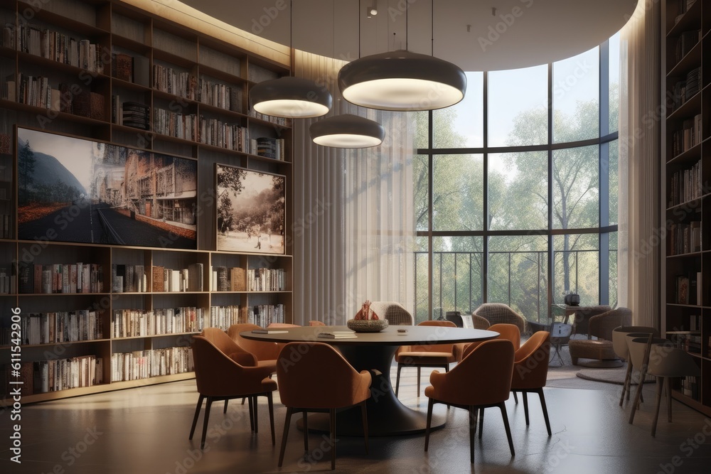 dining space for employees with a round table, a bookcase in the ...