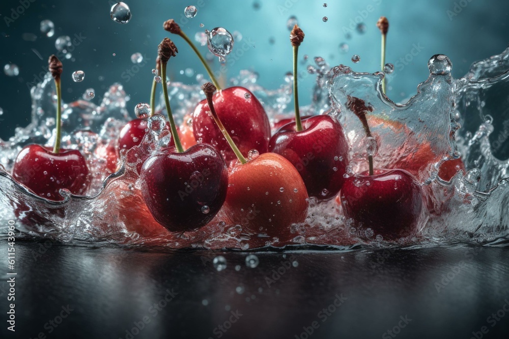 Red cherries dropping into cool refreshing water creating a splashing ...