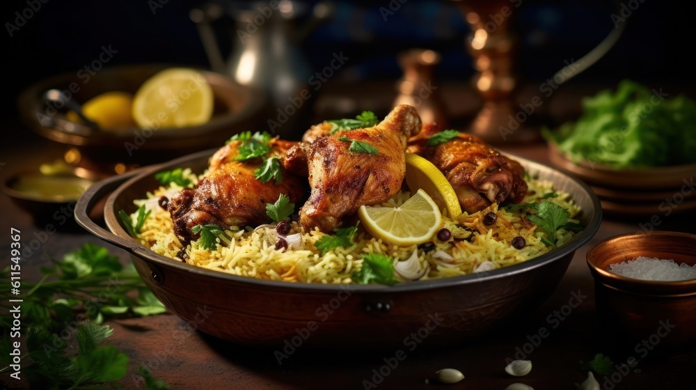 Traditional Chicken Mandi Rice with Herbs, Spices, Pomegranate and ...