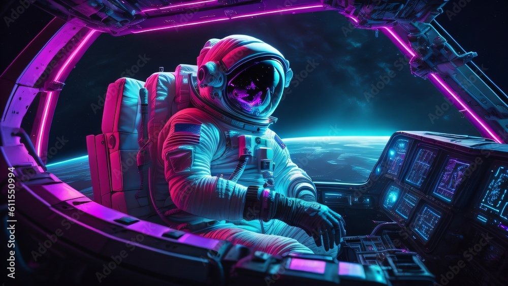 Astronaut or spaceman on cockpit with outer space background. Neon ...