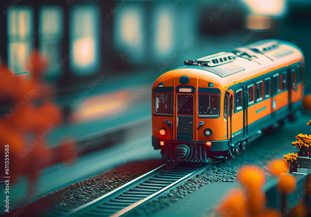 orange train arrives at the railway station. ai generated. Generative ...