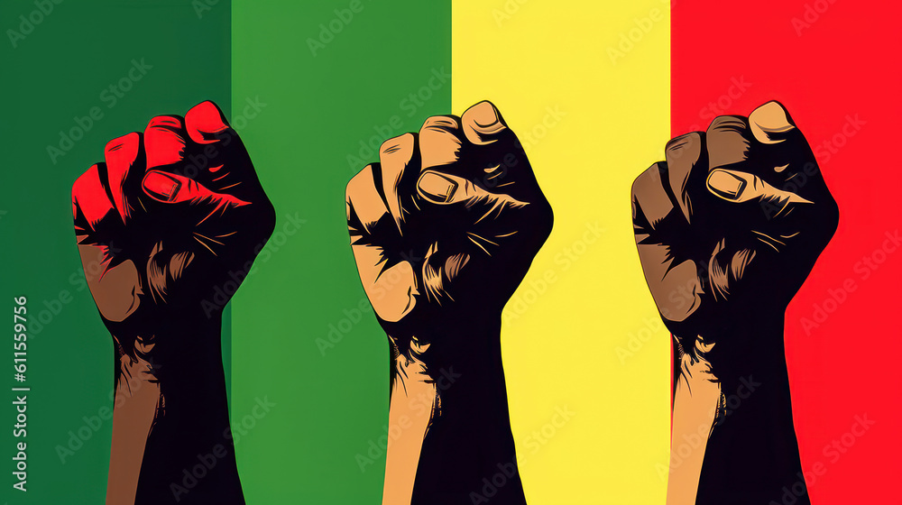 African American people raised fists in the air in green, red, yellow ...