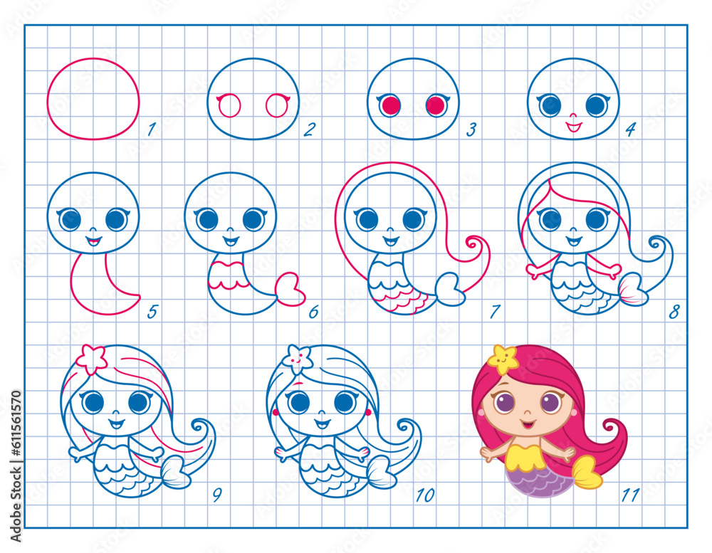 How to Draw Mermaid, Step by Step Lesson for Kids cartoon vector ...