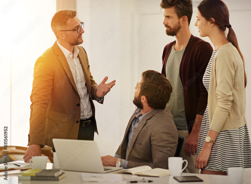 Foto de Meeting, leadership and training with a manager talking to his ...