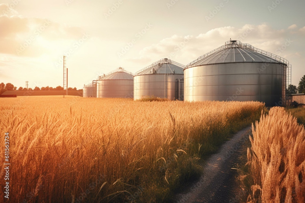 German biogas plant with grain field. Generative AI Stock Illustration ...