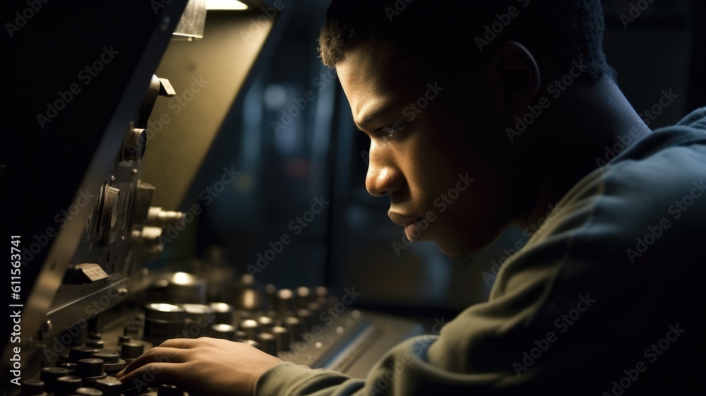 Foto de CNC Operator Male African-American Young Adult Operating a ...