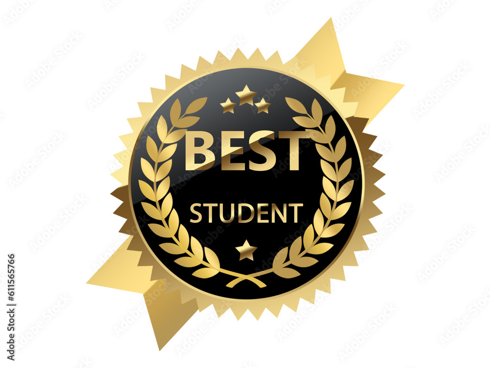Best student school badge. Realistic golden badge with ribbon ...