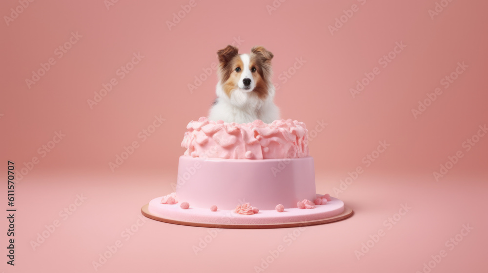 Collie dog with cake on the pink color pastel background with Ai ...