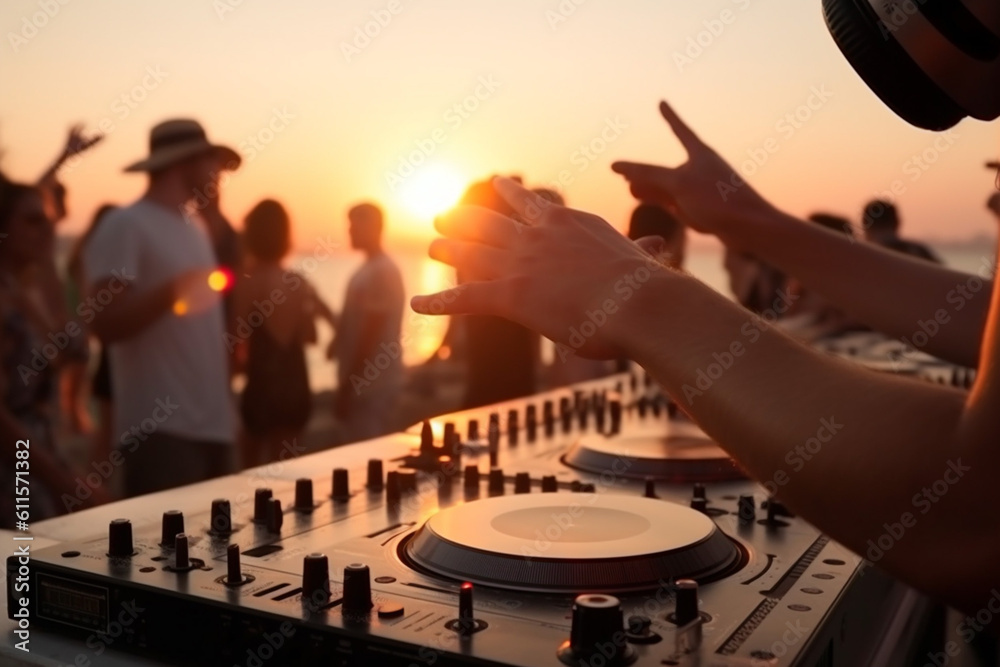 Dj mixing outdoor at beach party festival with crowd of people at ...
