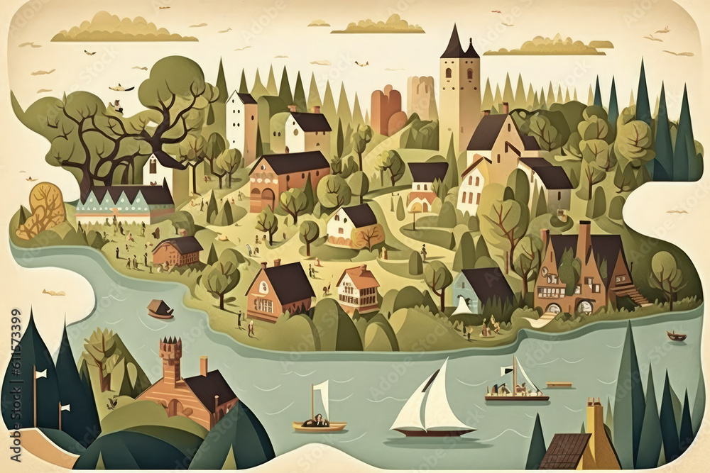 cartoon map of an urban town full of houses, generative AI Stock ...