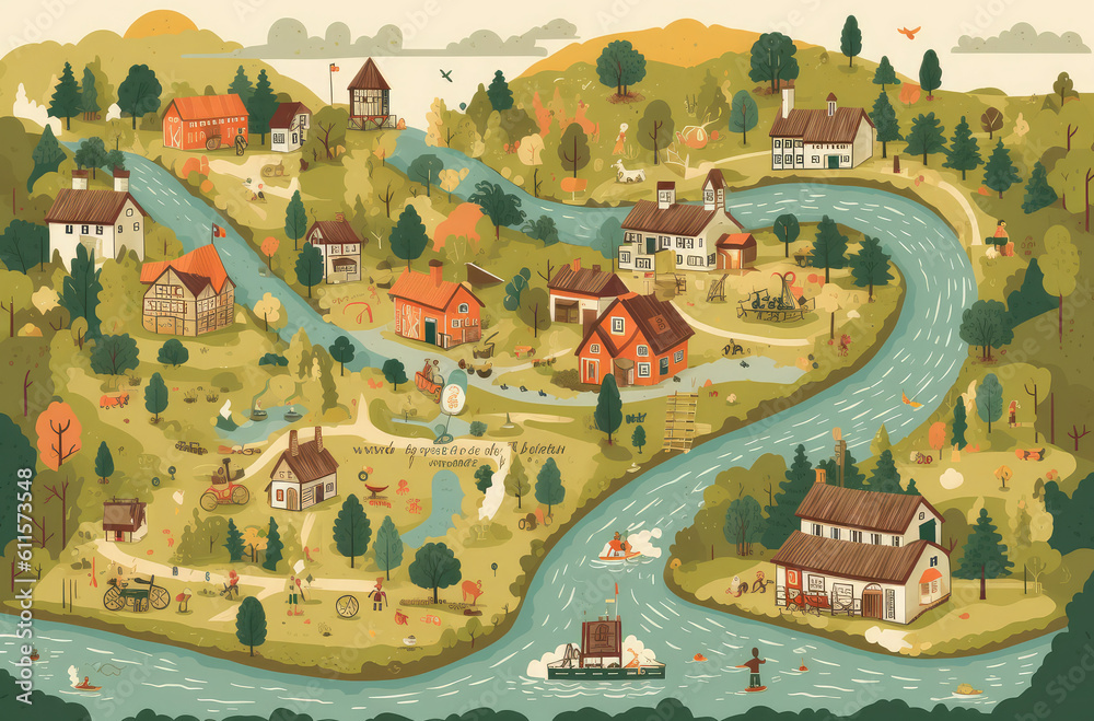 cartoon map of an urban town full of houses, generative AI Stock ...