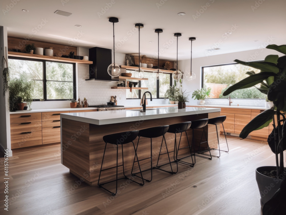 Modern kitchen with brown kitchen cabinets, oversized kitchen island ...