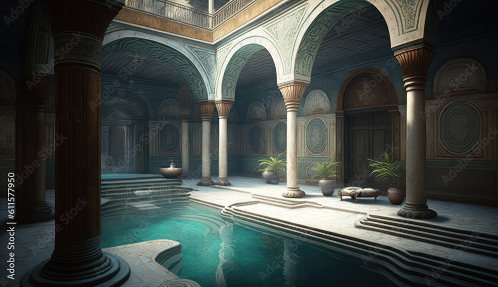 Hammam interior, Turkish bath. Turkish hammam. Pool in Oriental bath ...