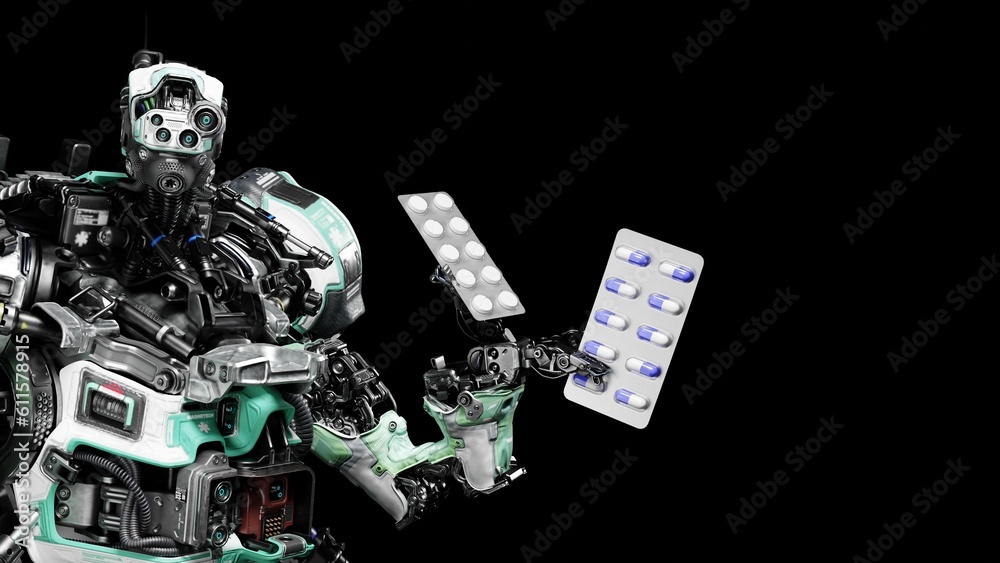 humanoid robot offers medical capsules and tablets, vitamins, on a ...