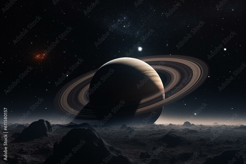 Saturn planet and its rings surrounded by starry dust and stars with ...