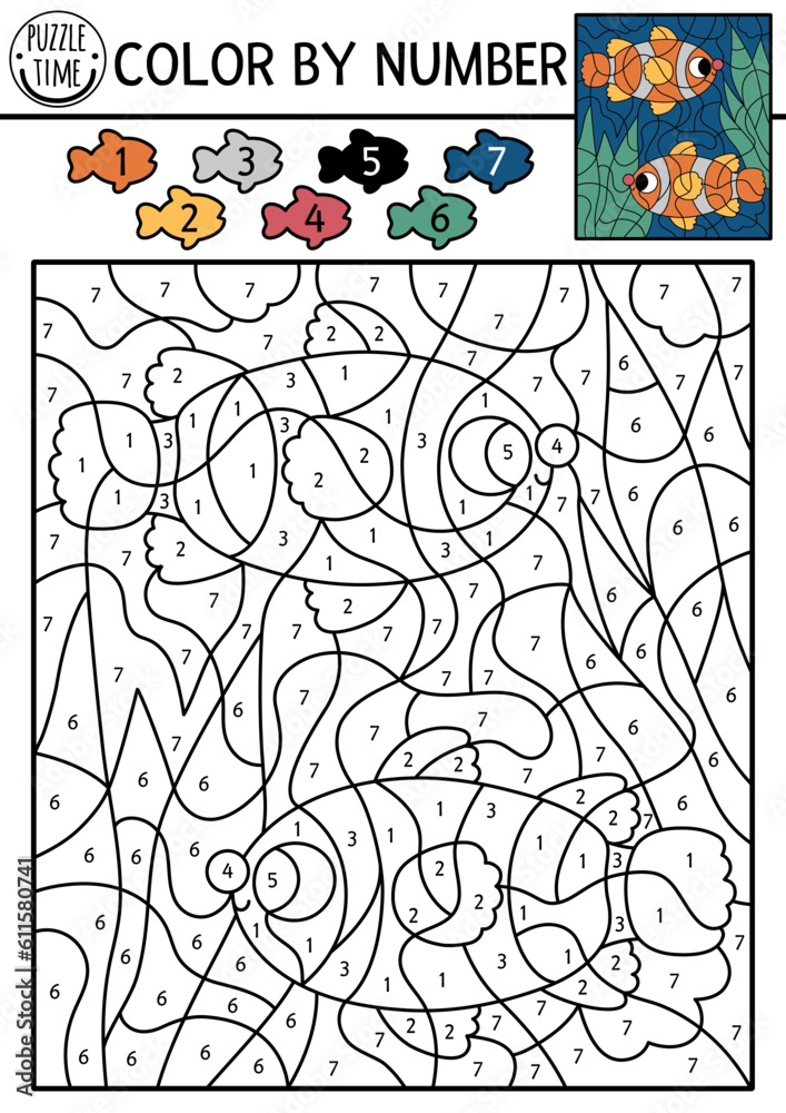 Vector under the sea color by number activity with clownfish and ...