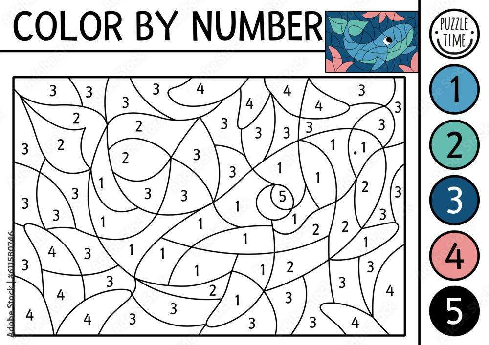 Vector under the sea color by number activity with whale and seaweeds ...