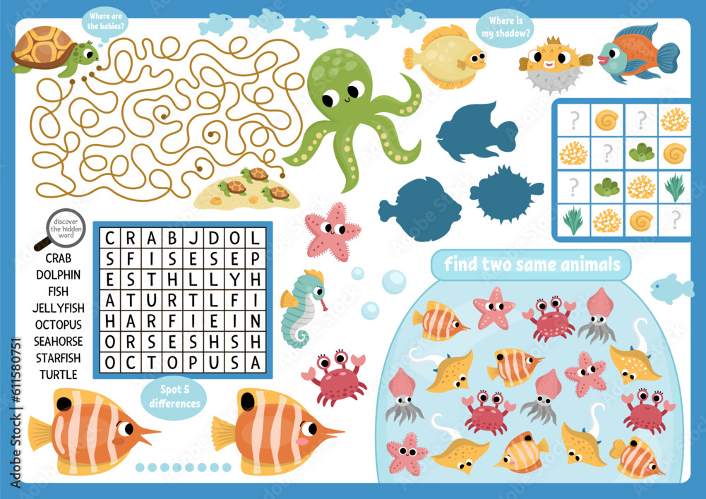 Vector under the sea placemat for children. Ocean life printable ...