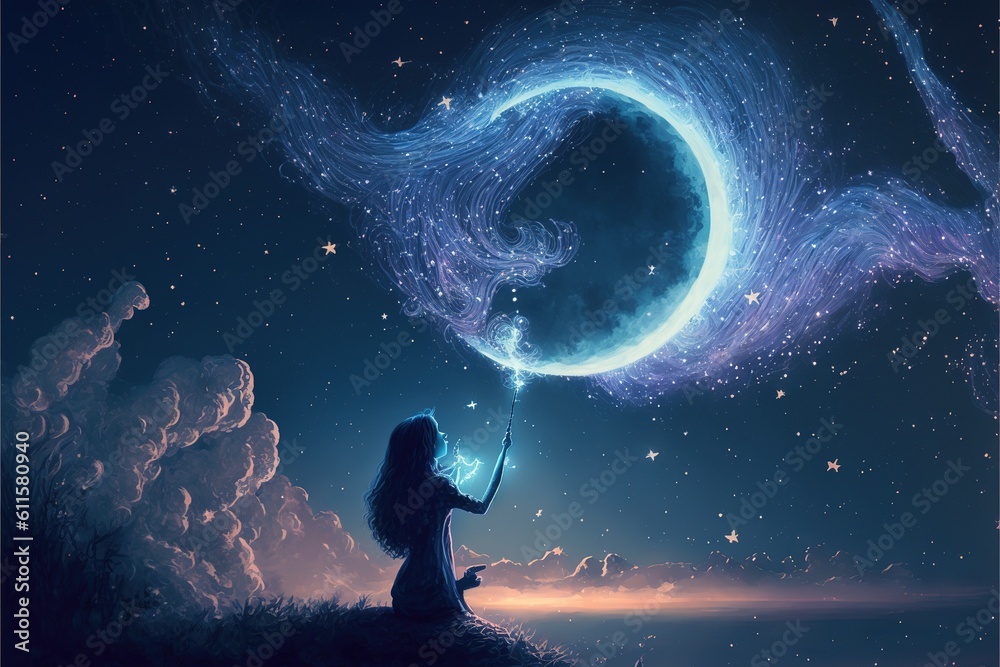 Young girl painting fairytale moonlight and blue sky of the starry ...