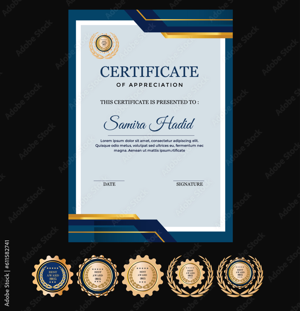 Elegant blue and gold diploma certificate template with luxury badge ...
