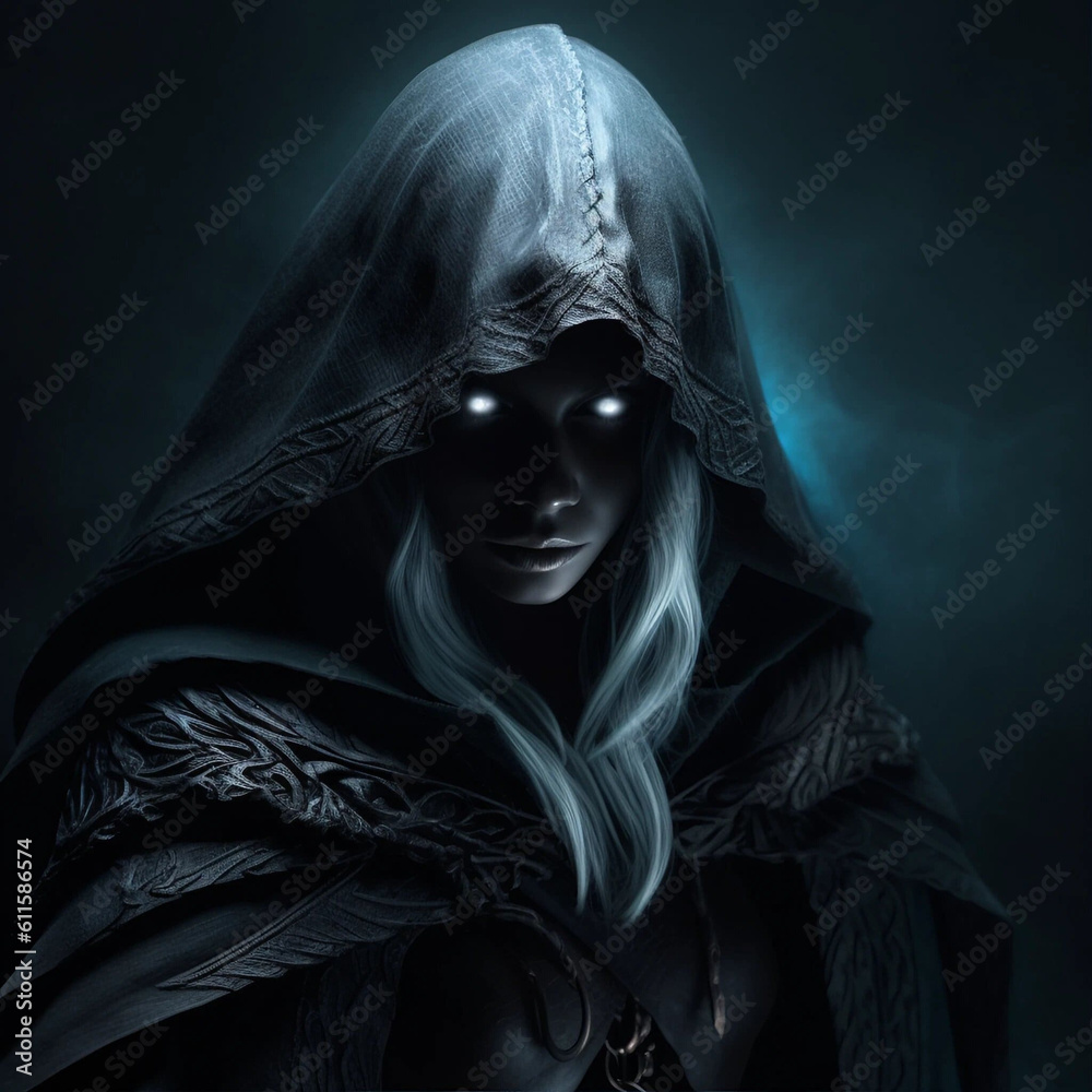 A Female Wizard With White Hair and Glowing Eyes Wearing a Hood ...