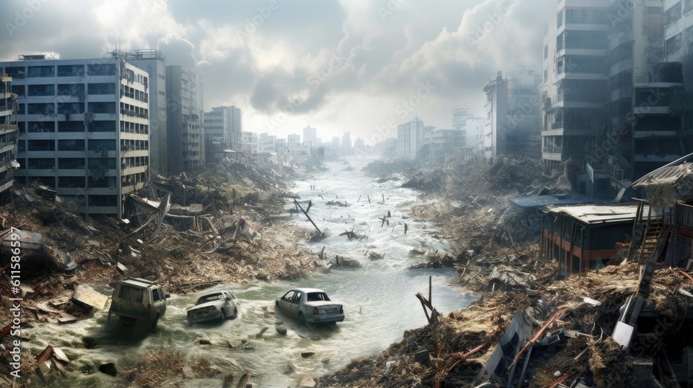 A tsunami destroys a city, a disaster and a catastrophe, a natural ...