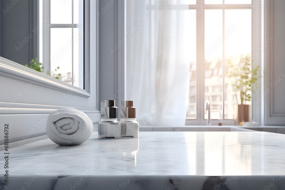 Mockup space for montage product on white marble tabletop with white ...