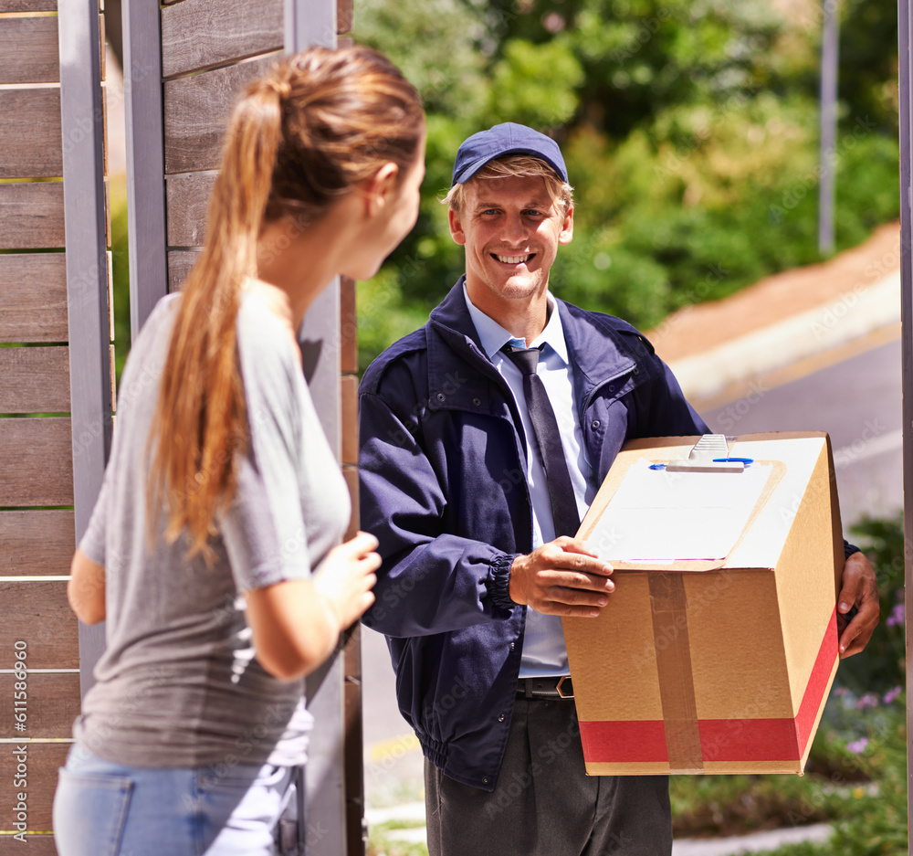 Delivery, shipping and box with courier and woman at door for logistics ...