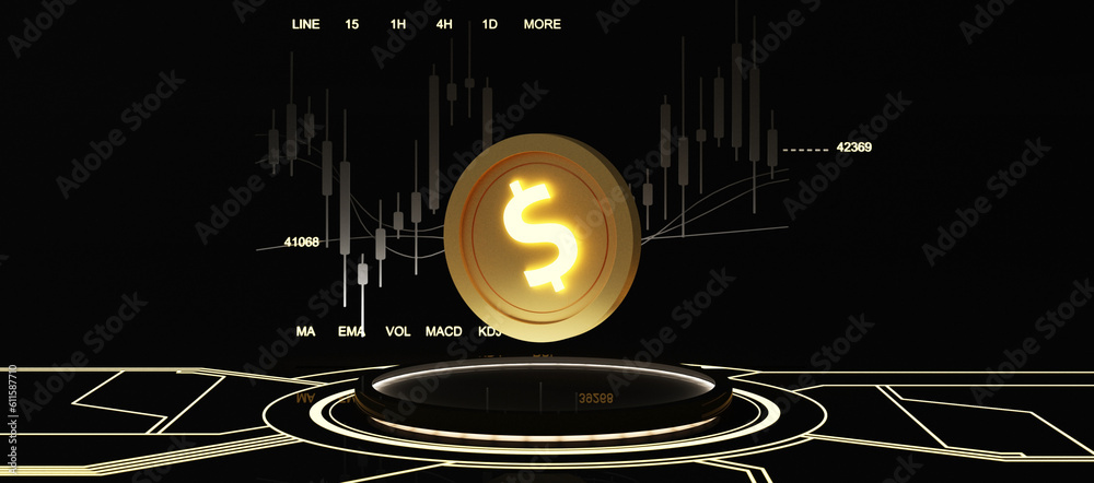 digital currency gold coin on display sticks with hidden lights ...